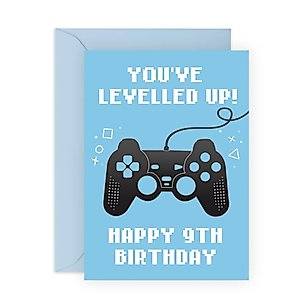 CENTRAL 23 Fun Ninth Birthday Card for Boys - 'You've Levelled Up!' - Happy 9th Birthday - 9 Year Old - Blue Greeting Card for Gamers - For Kids - Gift for Son, Grandson - With Stickers