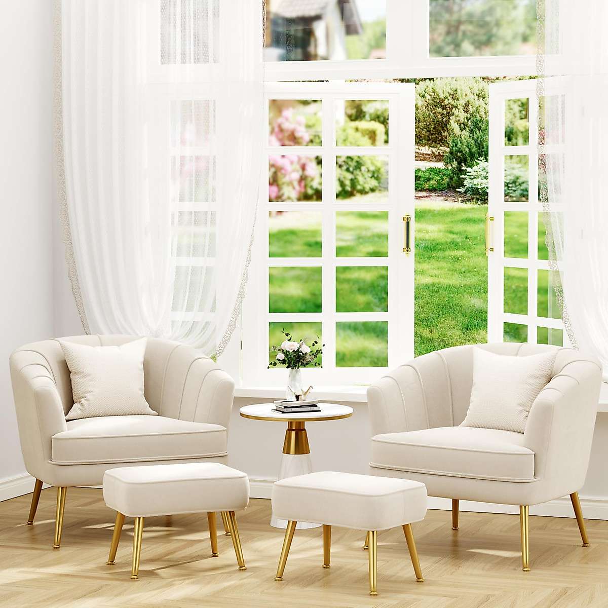 SHINEBOOM Velvet Accent Chairs with Ottoman for Living Room Bedroom Office Leisure Upholstered Single Sofa Chair Arm Chair Comfy Chair Reading Club Coffee Chair with Metal Legs, Beige