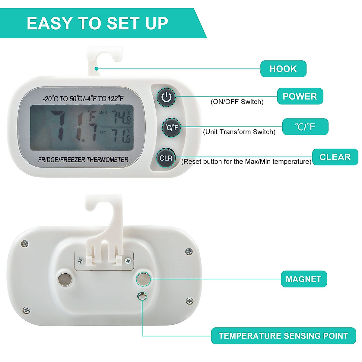 Refrigerator Thermometer Digital Freezer Room Thermometer, Waterproof Fridge Thermometer with Magnetic Back, Max/Min Record Function with Large LCD Display for Kitchen Restaurants White