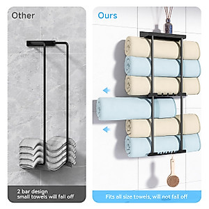 RRM Towel Racks for Bathroom, 3 Tier Wall Towel Holder, Metal Wall Towel Rack Mounted Towel Storage Towel Storage with 3 Tier Metal Shelf and 6 Hooks for Small Bathroom (Matte Black)