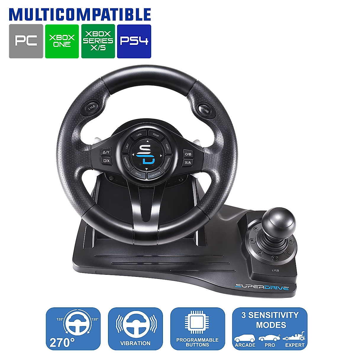Superdrive - GS550 steering racing wheel with pedals, paddles, shifter and vibration for Xbox Serie X/S, PS4, Xbox One, PC, PS3 (programmable for all games)