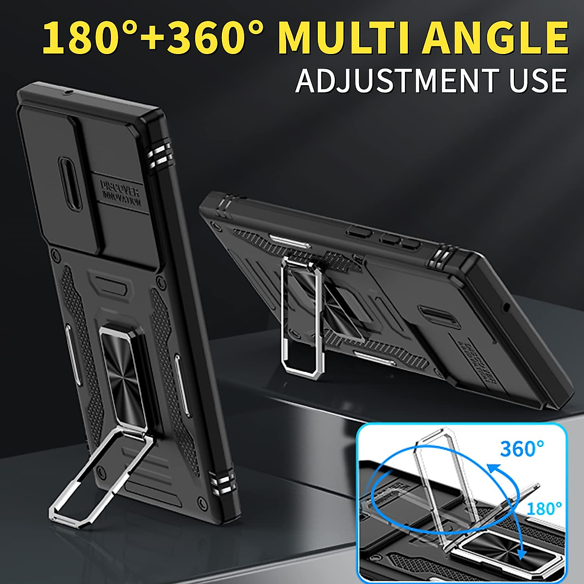 FRLMOOES for Samsung Galaxy S23 Ultra Case with Tempered Glass Screen Protector,Samsung Galaxy S23Ultra Kickstand Case with Slide Camera Cover&360°Magnetic Ring Stand Shockproof Phone6.8inch Man black