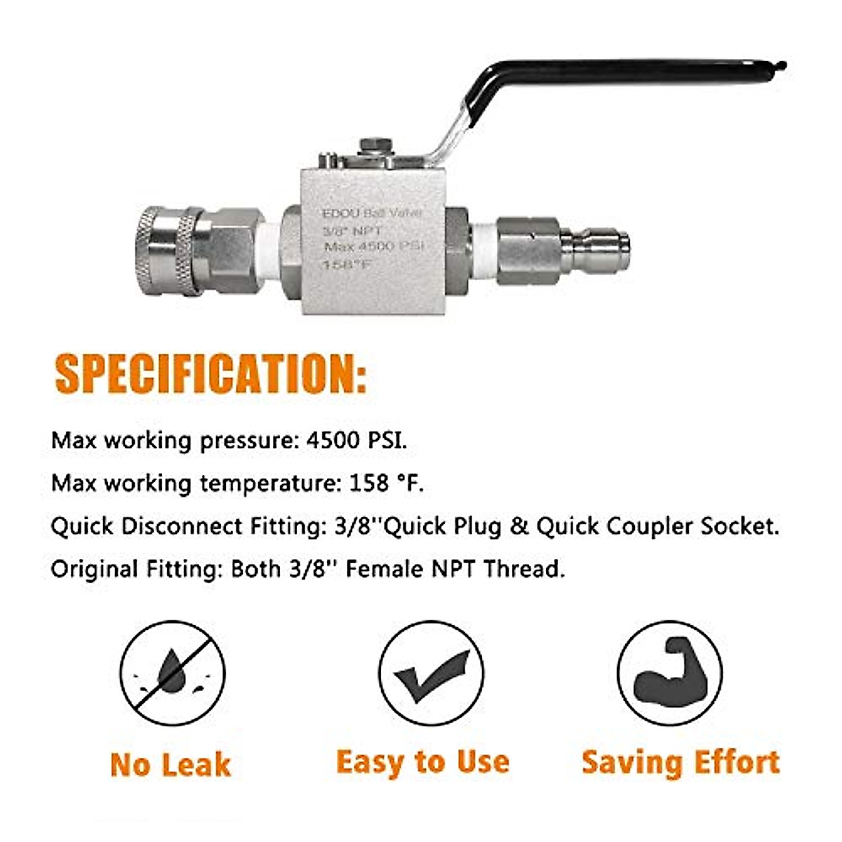 EDOU DIRECT Ball Valve for High Pressure Washer Hose | 3/8" Male Plug & 3/8" Female Quick-Connect | 4,500 PSI Max Working Pressure | Easily and quickly switch between wands, tips, or hoses.