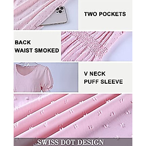 OFEEFAN Ladies Summer Dresses Puff Sleeve Summer Swiss Dot Dress for Women Wine Red L