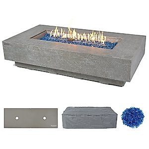Elementi Plus Riviera Natural Gas Fire Pit for Outside Outdoor Fire Pit Table Smokeless Firepit Concrete Rectangular Fire Table Patio Heater Fireplace 60000 BTUs - Light Grey, 60 x 31.9 Inches