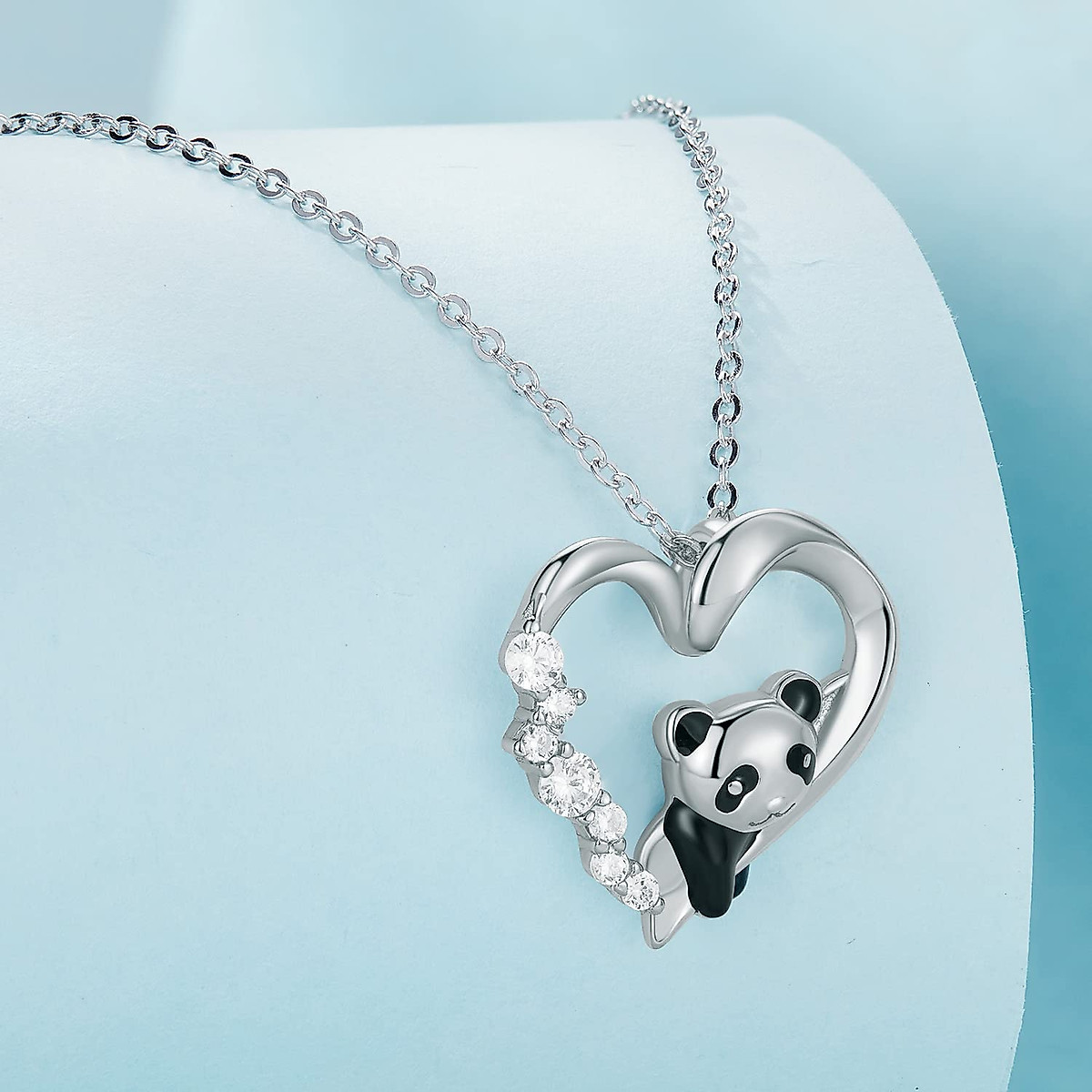 RUKYF 925 Sterling Silver Panda Necklace for Women Cubic Zirconia Heart Cute Animal Pendant Jewelry Unique Gifts for Women Girlfriend