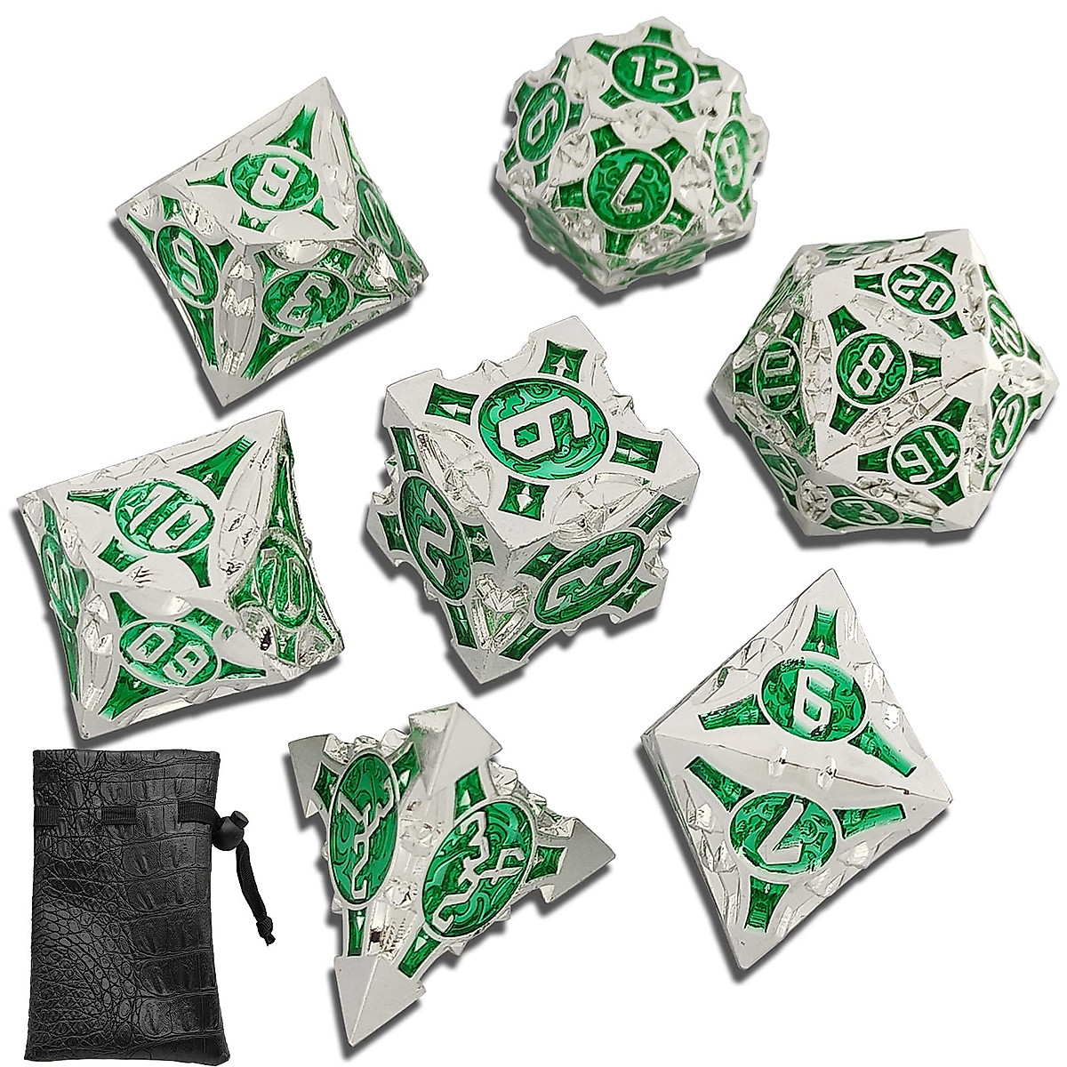 AJKDEUIH Metal DND Dice Set 7pcs D&D Dungeons and Dragons Gifts Polyhedral RPG Pathfinder MTG Card Table Game Accessories D20 D12 D10 D% D8 D6 D4 with Black Storage Bag -Silver Green