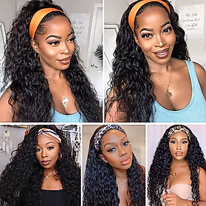 Headband Wig Water Wave Headband Wigs for Women Black Synthetic Curly Headband Wig 26 Inch Glueless Half Wig 180% Density Wigs with Headbands Attached Natural for Daily Use (26 Inch (Pack of 1), 1B)