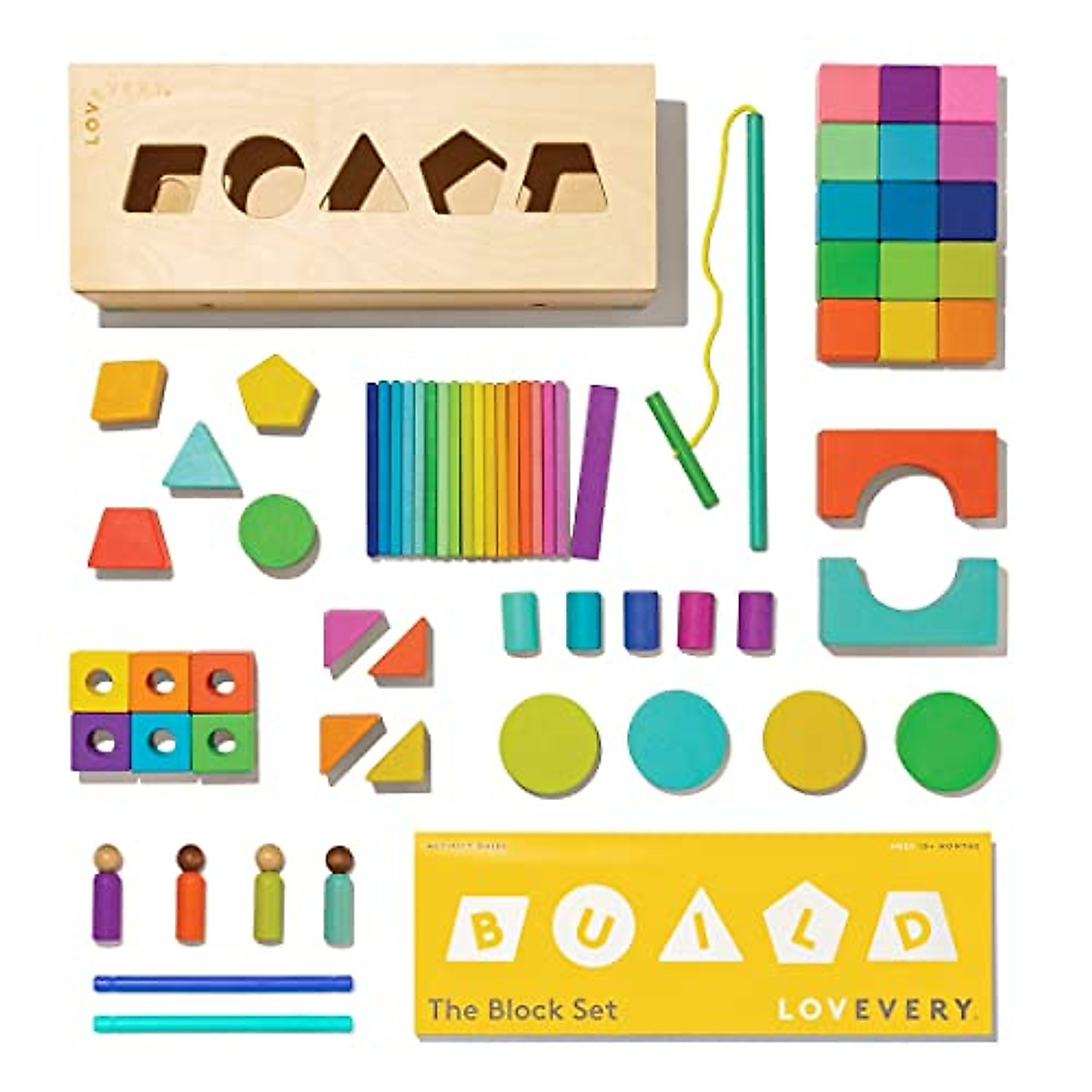 The Block Set by Lovevery – Solid Wood Building Blocks and Shapes + Wooden Storage Box, 70 Pieces, 18 Colors, 20+ Activities
