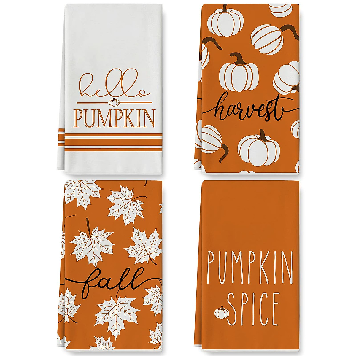 AnyDesign Fall Kitchen Dish Towel 18 x 28 Inch Pumpkin Maple Leaves Harvest Tea Towel Autumn Orange White Dishcloth Rustic Farmhouse Hand Drying Cloth Towel for Holiday Kitchen Cooking Baking, 4 Pack