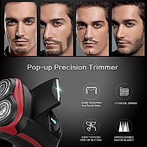 MAX-T Men's Electric Shaver - Corded and Cordless Rechargeable 3D Rotary Shaver Razor for Men with Pop-up Sideburn Trimmer Wet and Dry Painless 100-240V Red