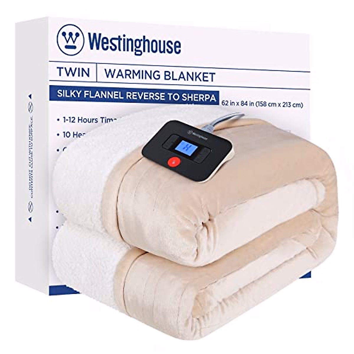 Westinghouse Electric Blanket Heated Blanket | 10 Heating Levels & 1 to 12 Hours Heating Time Settings | Flannel to Sherpa Reversible 62x84 Twin Size | Machine Washable, Beige