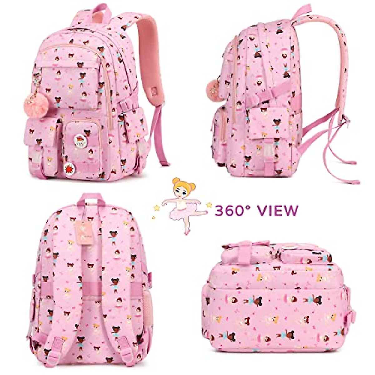 KIDNUO Girls Backpack,15.6 Inch Laptop School Bag Large Primary Elementary Middle College Bookbags Kids Backpacks for Teens Girls Women Students Anti Theft Travel Daypack ( Pink Ballerine )