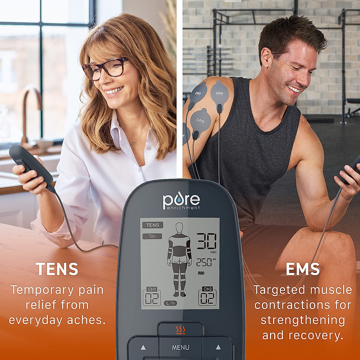 Pure Enrichment® PurePulse™ Trio TENS & EMS Muscle Stimulator + Heat - Electronic Pulse Massager with 9 TENS Modes, 7 EMS Modes, 2 Heat Settings, Advanced Relief for Back, Neck, and Shoulder Pain