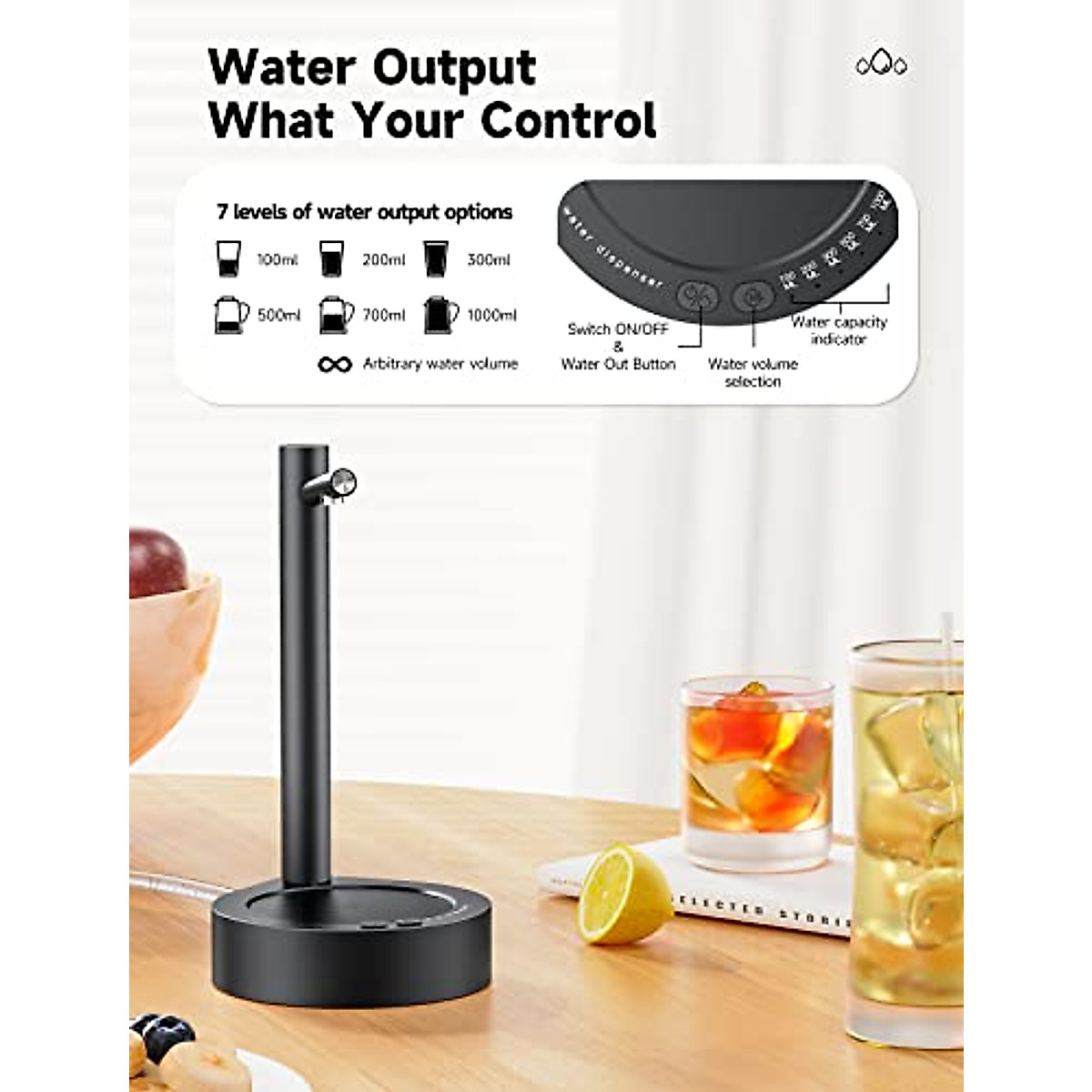 REJOMINE Water Dispenser for 5 Gallon Bottle, Smart 7 Levels Water Dispenser Countertop for Universal Bottles, Portable Desktop Water Pump for Outdoor, Automatic Water Jug Dispenser with Silicone Hose