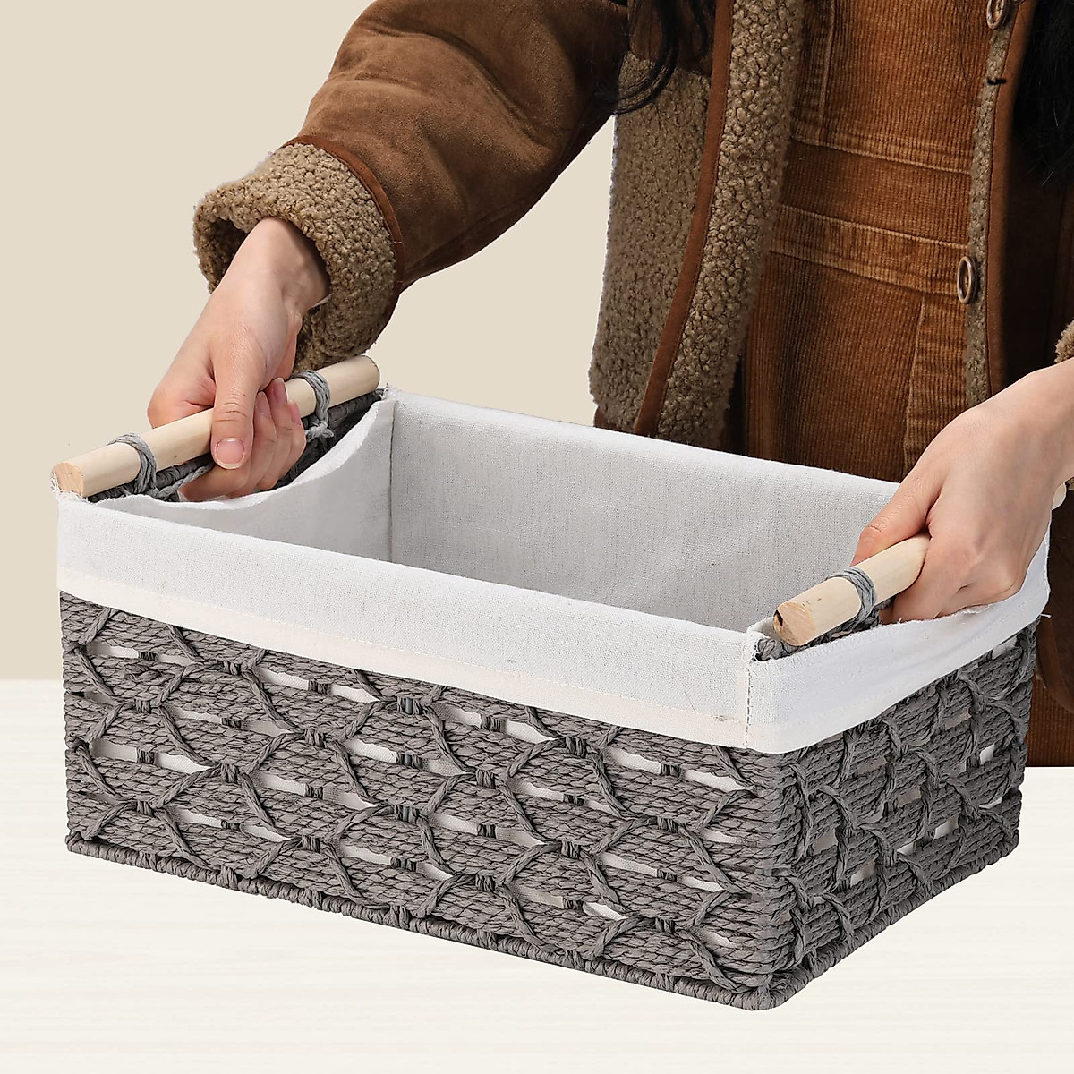 Vagusicc Woven Storage Basket, Hand-Woven Round Paper Rope Wicker Storage Basket with Cotton Liner and Wooden Handles, Wicker Baskets for Shelves Organizing & Decor, Grey, 3-Pack