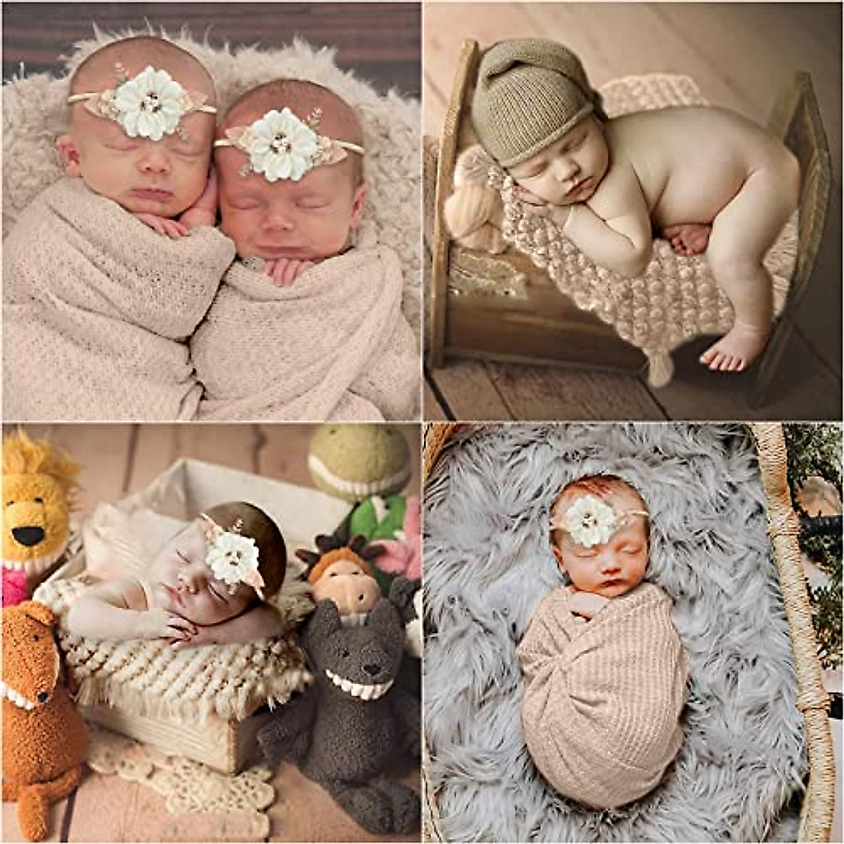 SPOKKI 3 Pcs Newborn Photography Props Outfits Set, Knitted Blanket for Baby Photo Props, Beige Elastic Wrap for Photoshoot, Flower Headband for Infant Boys Girls, Baskets Filler Posing Props