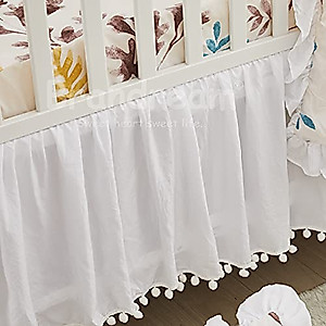 Brandream Farmhouse Crib Bedding Set Neutral Leaves Watercolor Botanical Floral Nursery Bedding Chic Baby Blanket 3 Piece with Pom-pom Bed Skirt, White Yellow Green