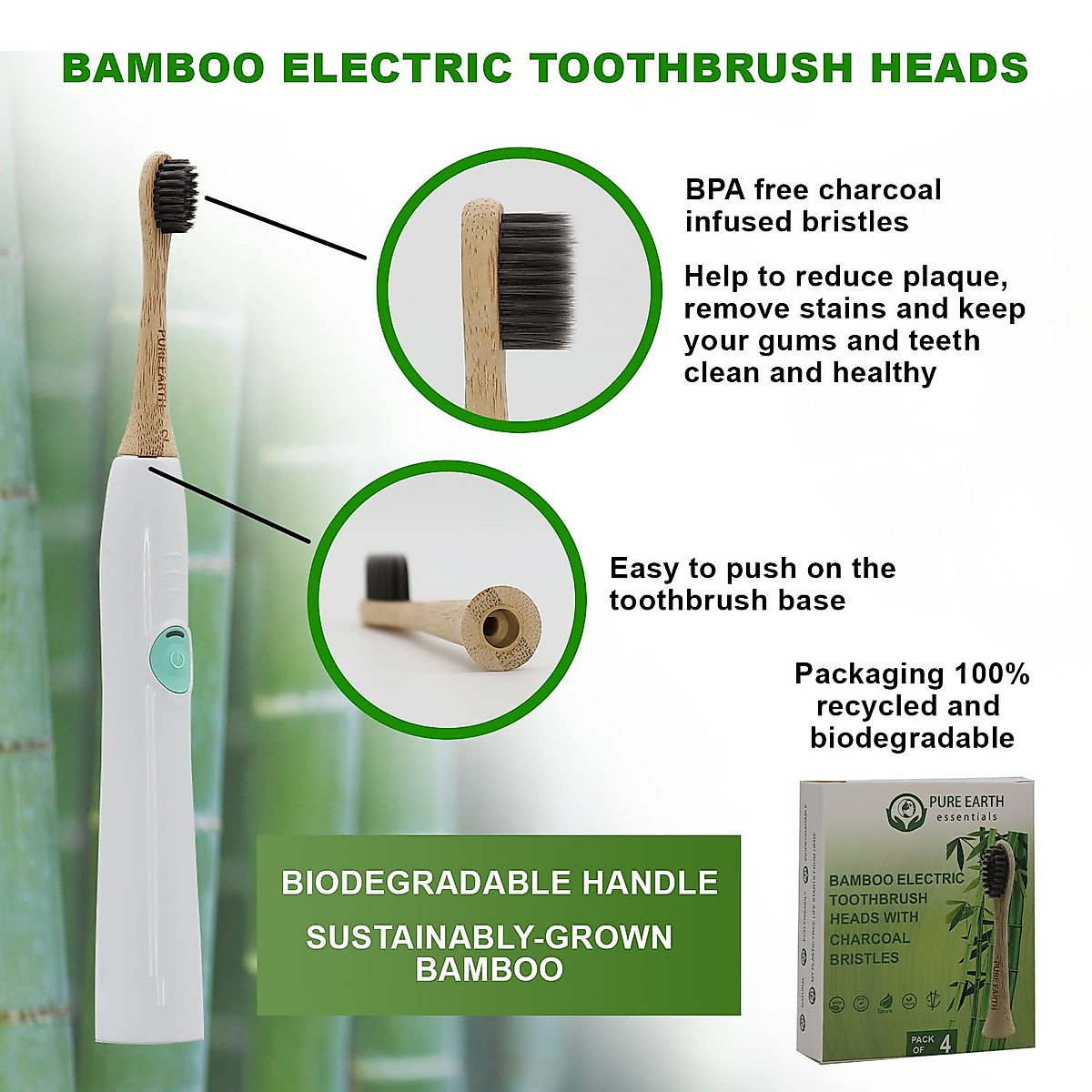 Bamboo Electric Toothbrush Replacement Heads - Compatible with Philips Sonicare Toothbrush - Soft Bristle Natural Charcoal Toothbrush Heads Refill - (Pack of 4) by Pure Earth Essentials