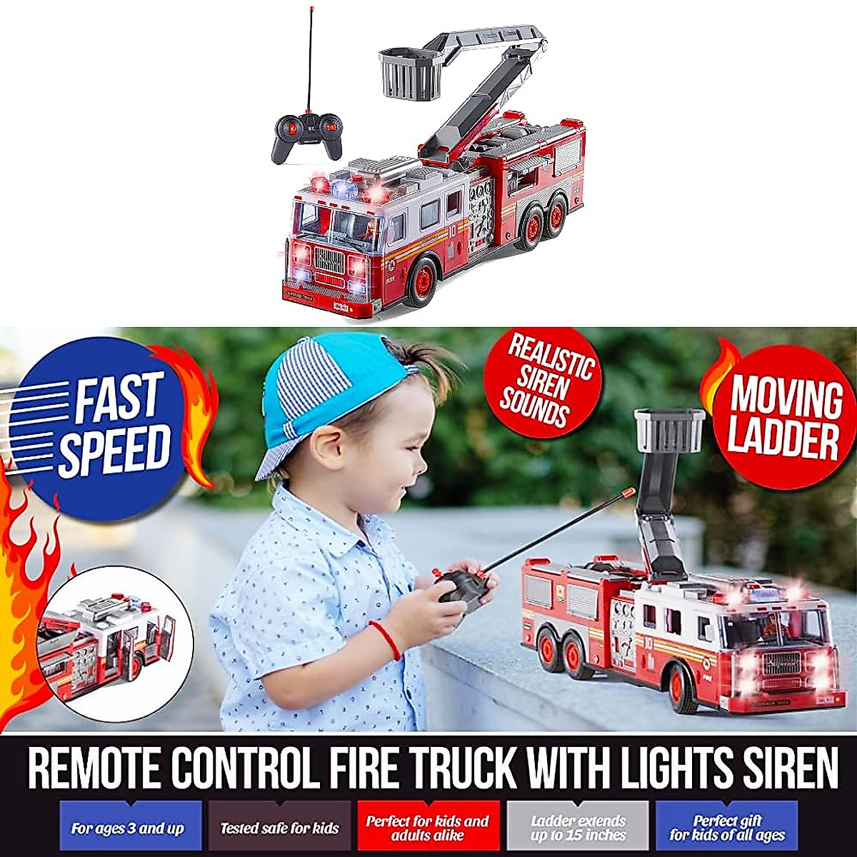 Prextex RC Fire Engine Truck Remote Control 14-Inch Rescue Fire Truck with 12-Inch Ladder and Lights and Sirens Best Gift Toy for Boys Girls