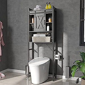 SOSPIRO Farmhouse Over The Toilet Storage with Sliding Barn Door, Freestanding Bathroom Organizer Over Toilet Storage Cabinet with Adjustable Shelf, Metal Frame Space Saver Toilet Stands, Grey