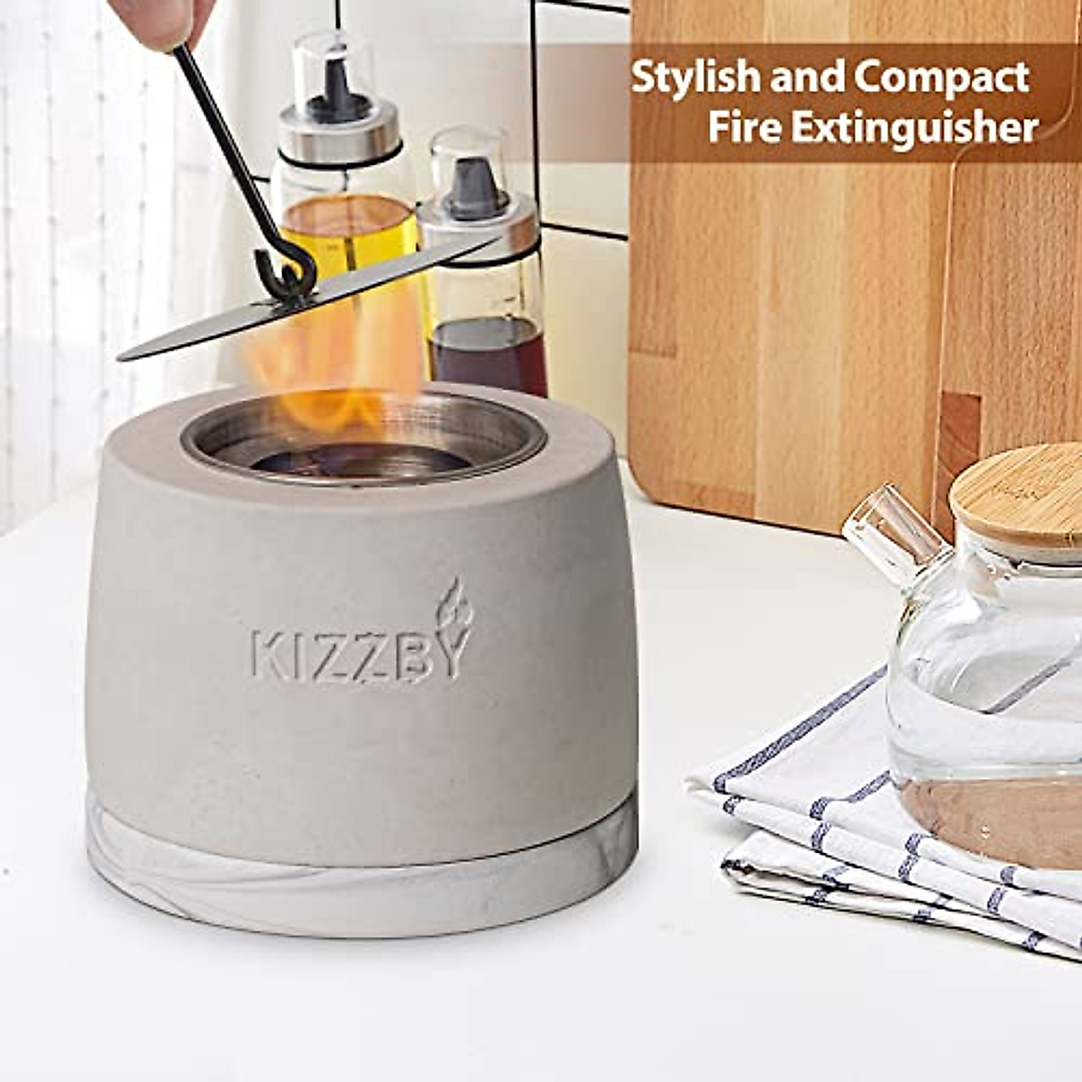 Concrete Tabletop Fire Pit Bowl - Table Top Portable Rubbing Alcohol Fireplace Indoor Outdoor Decor Long Time Burning Smokeless Odorless Two Stainless Steel Burners & Stylish Extinguisher Included