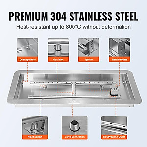 VEVOR 30 x 10 inch Drop-in Fire Pit Pan, Rectangular Stainless Steel Fire Pit Burner Kit,Propane Gas Fire Pan 125,000 BTU with H-Burner for Indoor or Outdoor Use