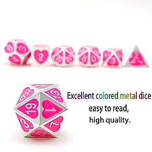 DND Metal dice Set, Heart-Shaped Pink Polyhedron 7-Piece Set, Suitable for Dungeon and Dragon RPG MTG or Board Game D &D Pathfinder, etc.