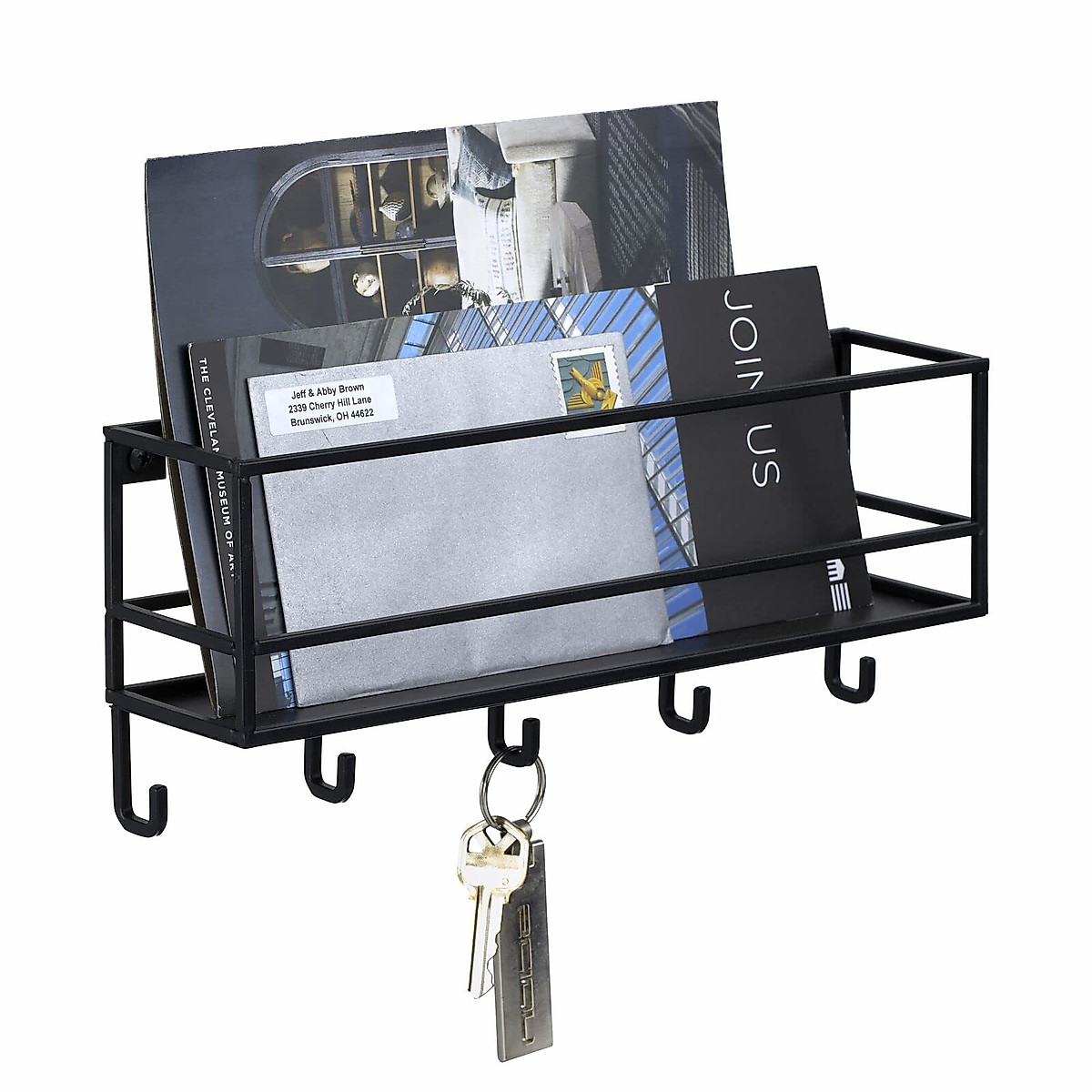 mDesign Metal Wall Mount Mail and Key Holder with 5 Hooks, Hanger Rack Shelf for Home Entryway, Mudroom, Kitchen, Hold Letters, Cards, Magazines, Coats, Umbrellas, Citi Collection, Matte Black