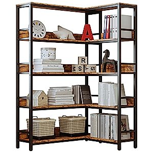 IRONCK Industrial Bookshelves 5 Tiers Corner Bookcases with Baffles Etagere Shelf Storage Rack with Metal Frame for Living Room Home Office