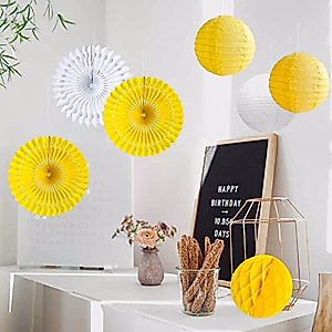 ANSOMO Yellow and White Party Decorations for Birthday Bridal Baby Shower Wedding Graduation Sunflower Wall Hanging Décor Tissue Pom Poms Paper Fans Lanterns