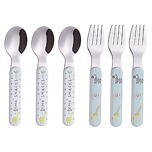 ANNOVA Kids Silverware 6 Pieces Stainless Steel Children's Flatware Set 3 x Forks, 3 x Dinner Spoons Plastic Handle, Toddler Utensils Without Knives, for Babies, Infants BPA Free - Cute Animals