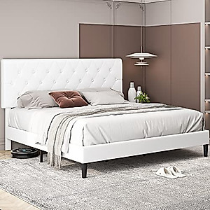 TTVIEW Upholstered Queen Bed Frame with Button Tufted Headboard, Modern Faux Leather Platform Bed with Wooden Slat Support, No Box Spring Needed, Sturdy and Noise-Free, Easy Assembly, White