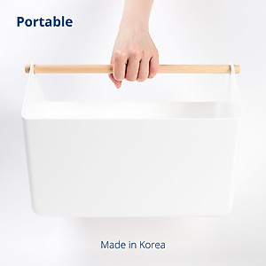 BLUE GINKGO Multipurpose Storage Baskets - 10.5L Large Plastic Storage Bins with Wooden Handles | Home, Kitchen, Bathroom, Nursery Storage Organizer (Made in Korea) - White