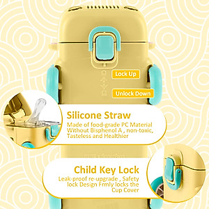 EUWBSSR Car Straw Water Cup 16oz Portable Detachable Bus Water Bottle with Shoulder Strap Leak-Proof Kids Small Drinking Cup Cute Cartoon Water Jug Toy Locking Flip Lid Water Kettle for Kids (Yellow)