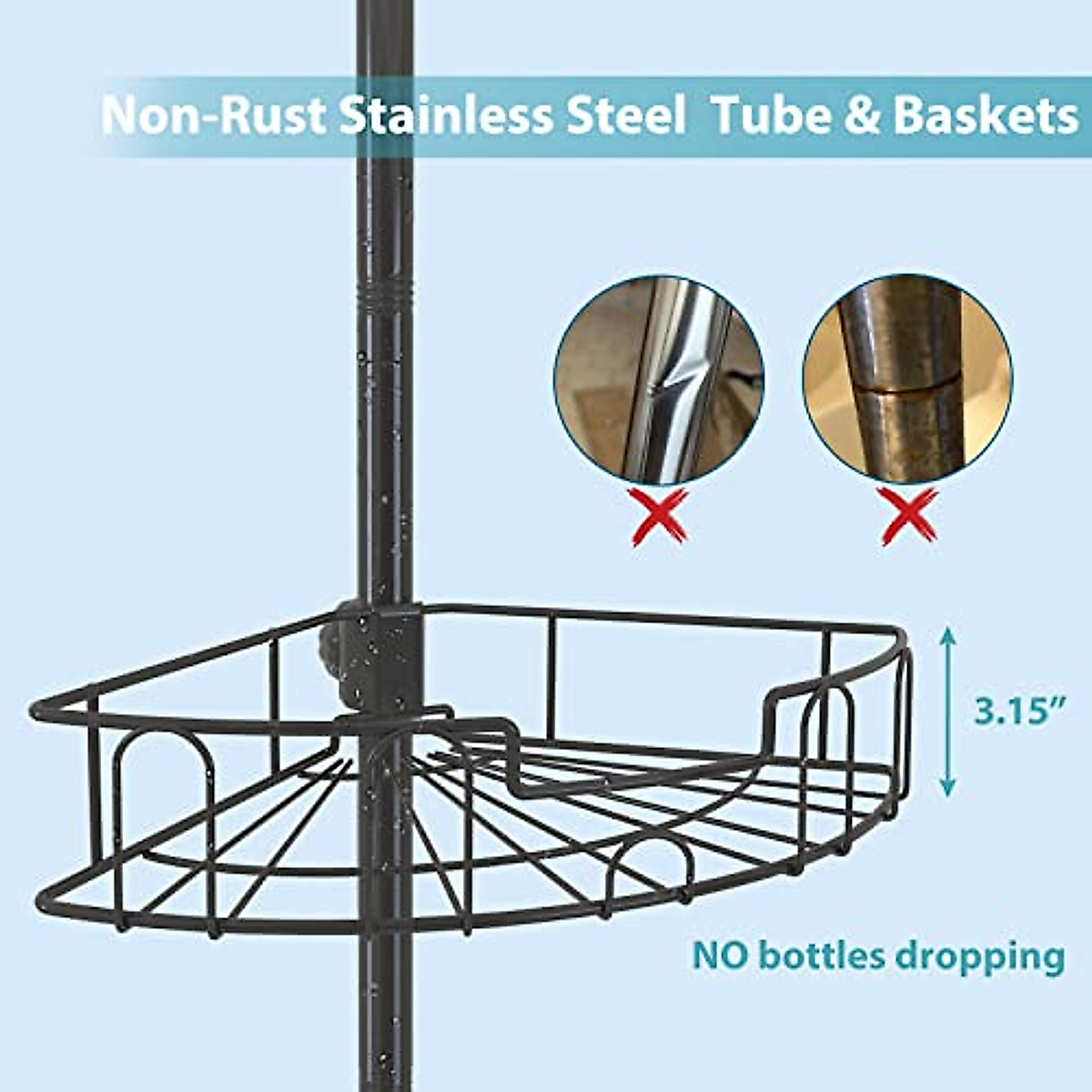 DAKEPOLE Tension Shower Caddy Stainless Steel, Rustproof Tension Pole Corner Shower Caddy Stand Storage Organizer for Bathroom Bathtub Shampoo Soap Plants, 4 Tier Adjustable Shelves, 54 to 125 Inch