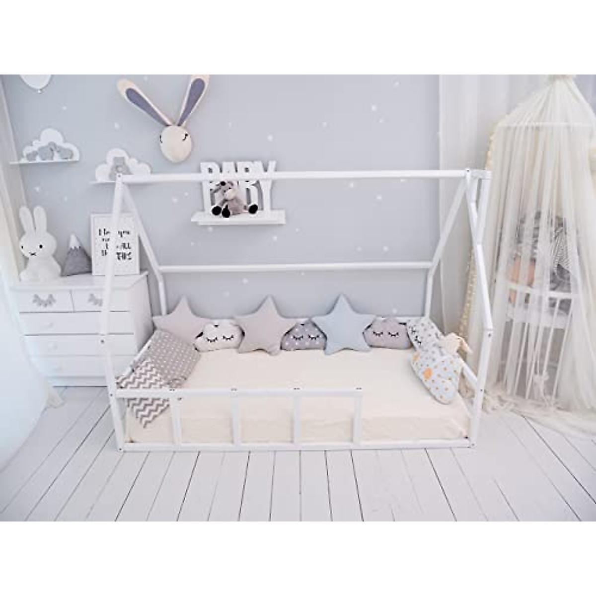 BUSYWOOD House Floor Bed For Kids - Montessori Bed for Toddlers - Wood Kids Bedroom Furniture - Cozy Toddler Bed with Rails - Twin Loft Beds for Kids (Model 1 Mini Floor with Fence, FOR SLEEPING ONLY)