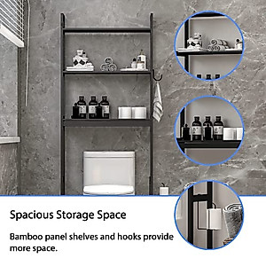 Bonzy Home Over The Toilet Storage, Bamboo 3 Tier Bathroom Organizer Space Saver Bathroom Shelf Freestanding Toilet Stands with Hooks