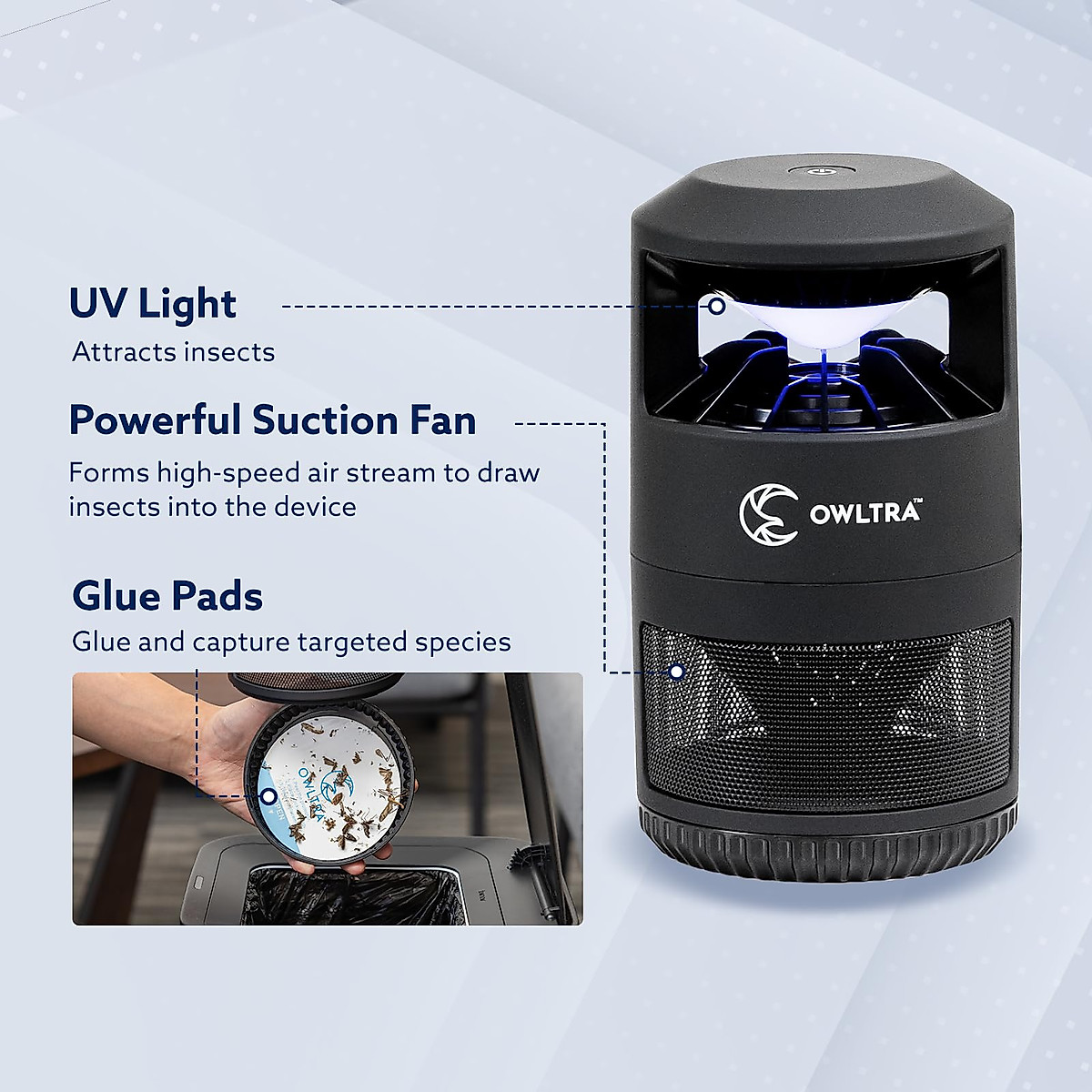 OWLTRA IMT-L60 Indoor Electric Insect Trap, Catcher & Killer Lamp for Fruit Flies, Mosquitos, Moths, Gnats, and More with UV Light Attraction and Fan Suction, Black
