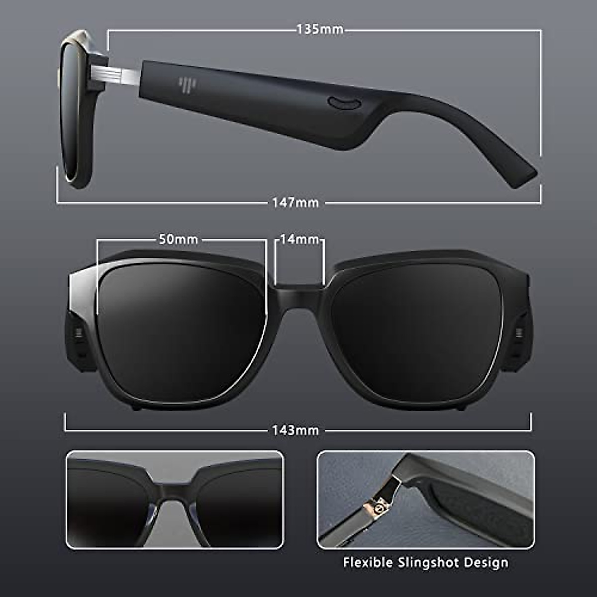 TWSGLS Smart Glasses: Sports Audio Sunglasses with Open Ear Headphones, Double Mic & speaker stereo, 7hrs Battery, BT 5.0 Connectivity, Compatible with Android/iOS for Men - Rectangular, Black