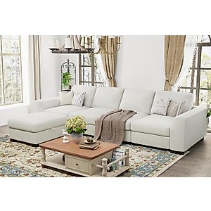 Woyomeub Sectional Sofa Couches for Living Room: L Shaped Couch with Storage Ottoman - Beige Modular Oversized 4 Seater Sofas with Pillows U Shape Furniture Set