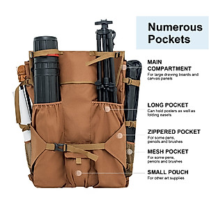 JJRING Heavy Duty Plein Air Artist Backpack with Handheld Strap, Art Supply Tote Bag for Carrying 18x24 Artwork, Drawing Boards (Brown)