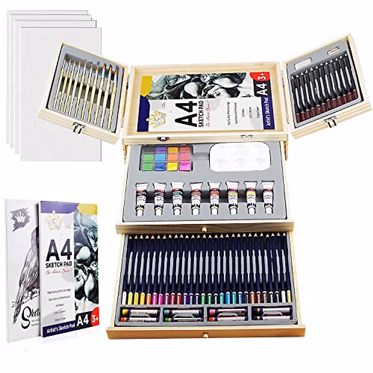 Deluxe Art Supplies, 88 Pieces Art Set in Portable Wooden Case, with 2 Drawing Books and 4 Canvas Panels, Professional Art Set for Painting & Drawing, Art Kit for Kids, Teens and Adults/Gift