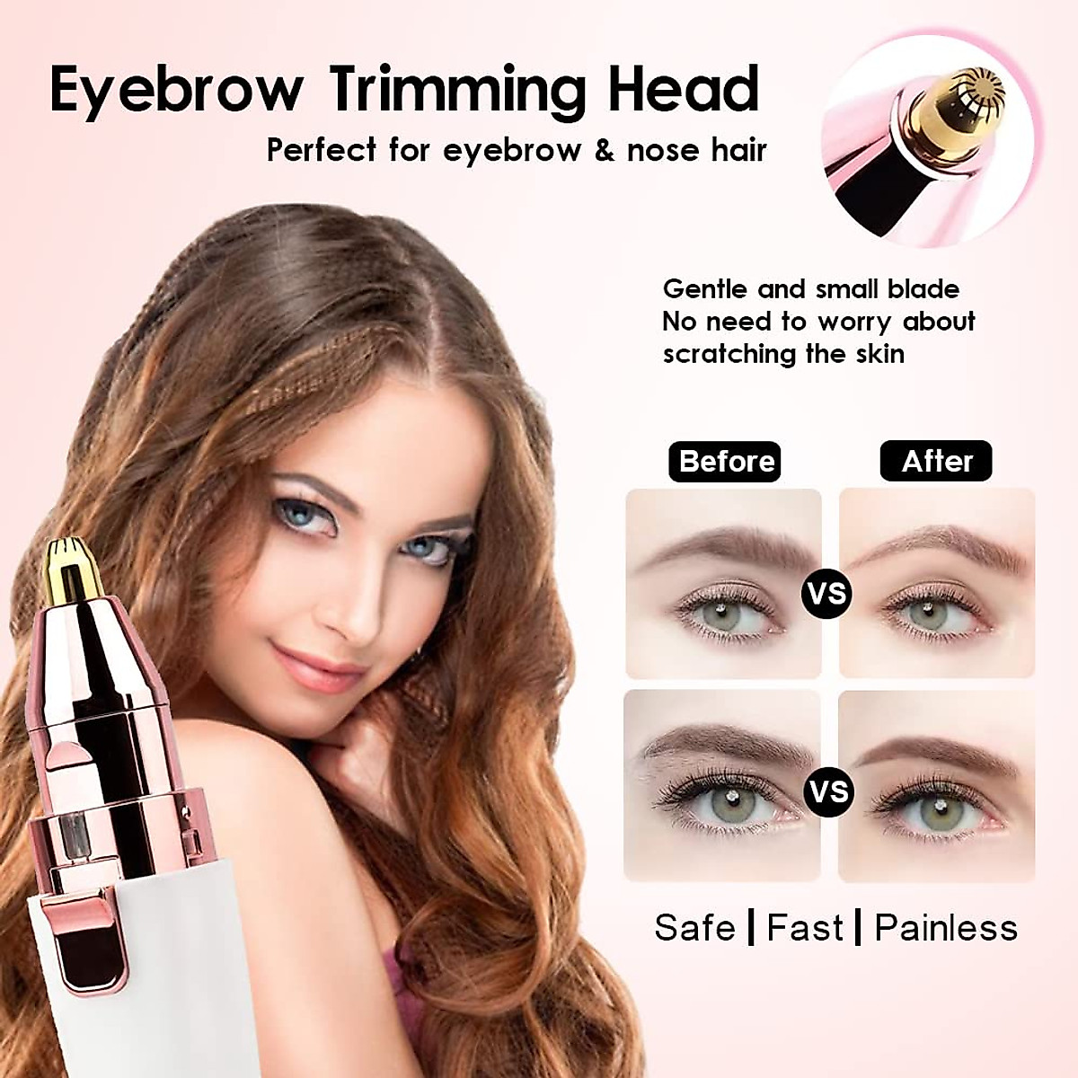 kuzuwill Facial Hair Remover for Women, Rechargeable Eyebrow Razor & Painless Hair Remover, Eyebrow Lips Body Facial Hair Removal for Women with Built-in LED Light, Extra 4 Eyebrow Tweezers