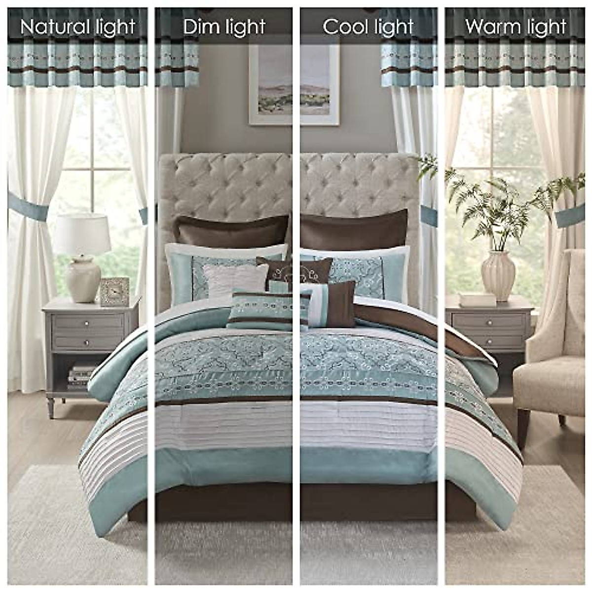 Madison Park Essentials Jelena Room in A Bag Faux Silk Comforter Classic Luxe All Season Down Alternative Bedding, Matching Bedskirt, Curtains, Decorative Pillows, Queen(90"x90"), Seafoam 24 Piece