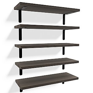 RICHER HOUSE Floating Shelves for Wall Décor, Rustic Wood Wall Shelves for Bedroom Set of 5, Farmhouse Shelf for Bathroom, Hanging Shelves for Storage, Wall Mounted - Deep Brown