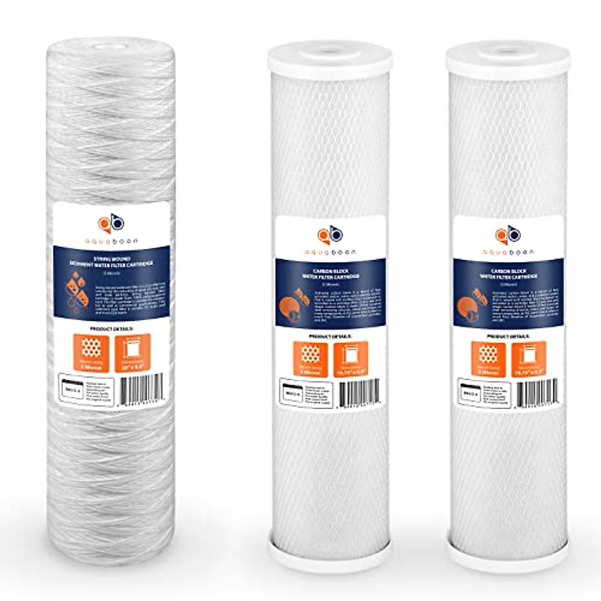 Aquaboon 1-Pack of 5 Micron 20" String Wound Sediment Water Filter Replacement Cartridge & Aquaboon 2-Pack Coconut Shell Water Filter Cartridge | Universal Whole House 5 Micron 20 inch Cartridges