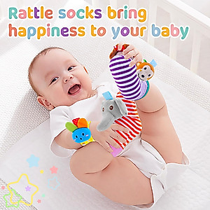 Yeeeasy Baby Rattle Cotton Socks and Wrist Rattle Strap Set, Infant Toys 0 3 6 9 12 Months, Baby Gifts for Boys and Girls, Develop Babies Sensory Toys