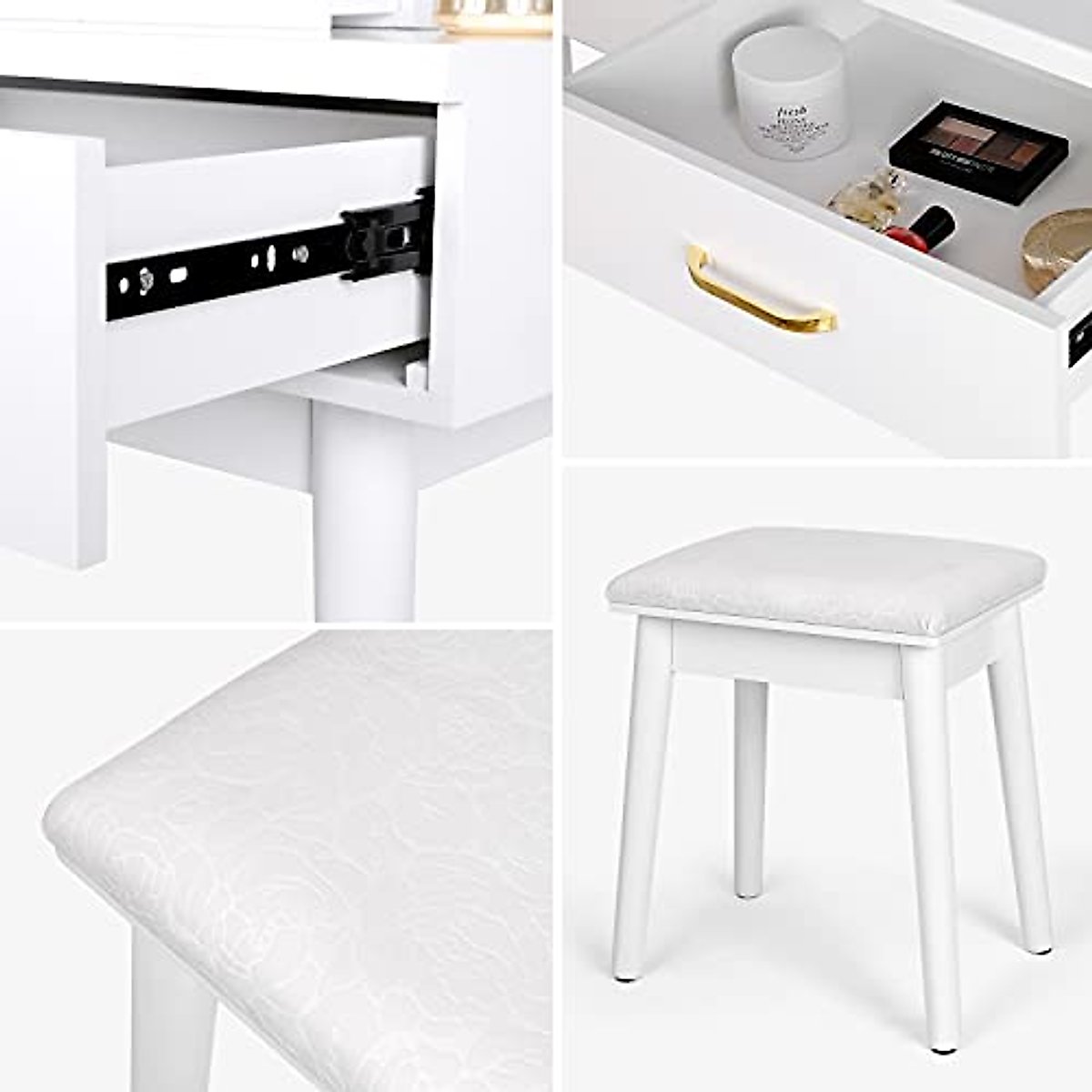 SMOOL Vanity Desk with Lighted Mirror - Vanity Table Makeup Vanity with Lights, 3 Color Lighting Modes Adjustable Brightness, 4 Drawers Makeup Table with Soft Cushioned Stool for Bedroom Studio, White