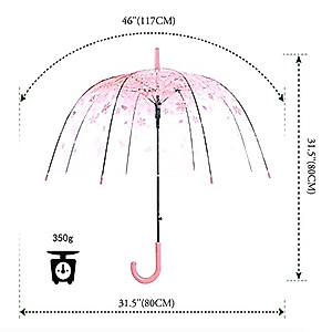 Kung Fu Smith Pink Flower Clear Bubble Umbrella for Kids Girls and Women, Auto Open Cherry Blossom Stick Rain Umbrella